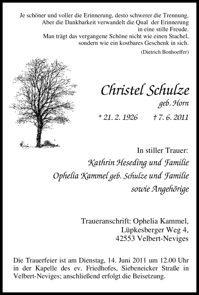 Traueranzeigen von Christel Schulze | Trauer-in-NRW.de