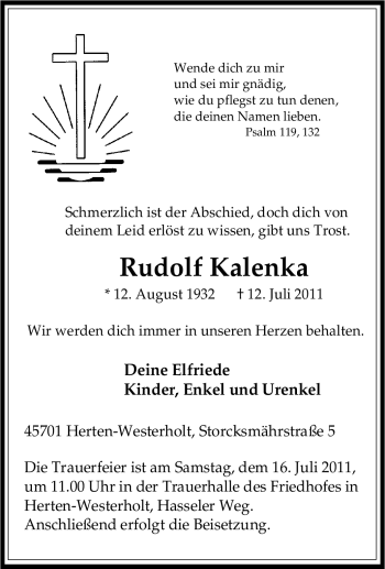 Traueranzeigen von Rudolf Kalenka | Trauer-in-NRW.de