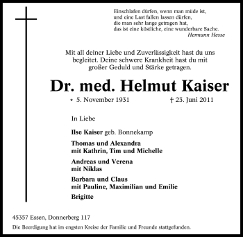 Traueranzeigen von Helmut Kaiser | Trauer-in-NRW.de
