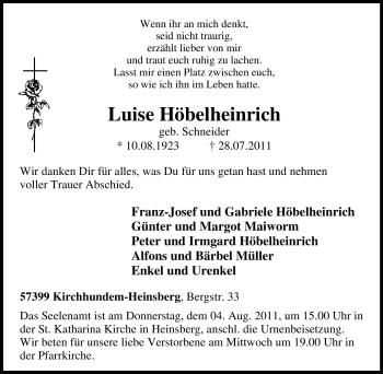 Traueranzeigen von Luise Höbelheinrich | Trauer-in-NRW.de