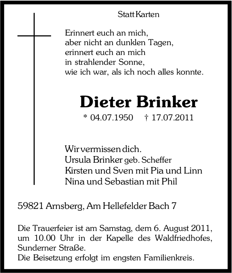 Traueranzeigen von Dieter Brinker | Trauer-in-NRW.de