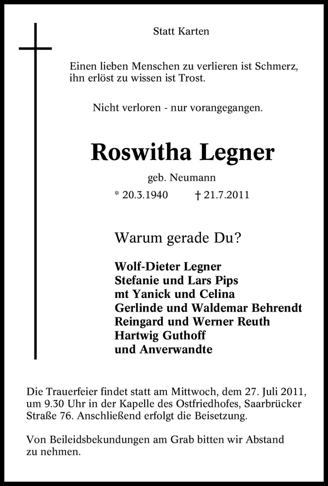 Traueranzeigen von Roswitha Legner | Trauer-in-NRW.de