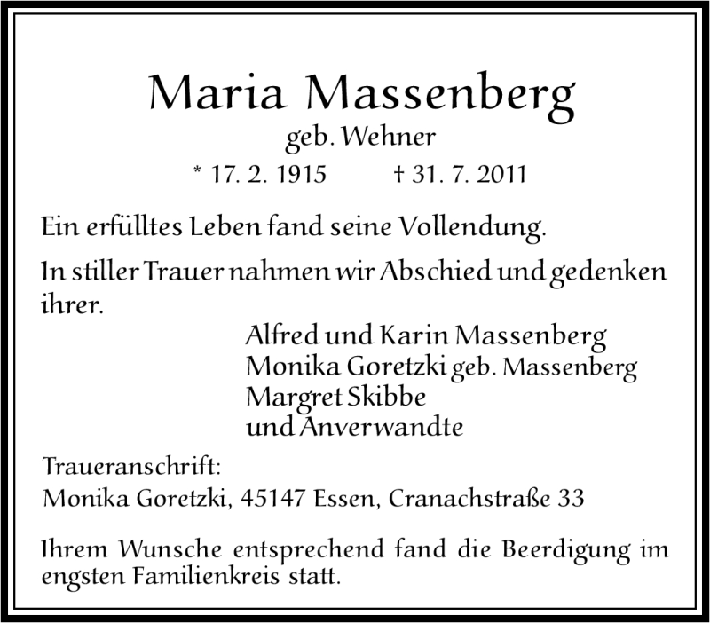 Traueranzeigen von Maria Massenberg | Trauer-in-NRW.de