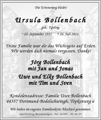 Traueranzeigen von Ursula Bollenbach | Trauer-in-NRW.de