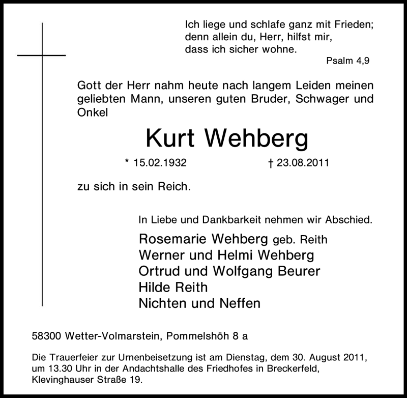 Traueranzeigen von Kurt Wehberg | Trauer-in-NRW.de