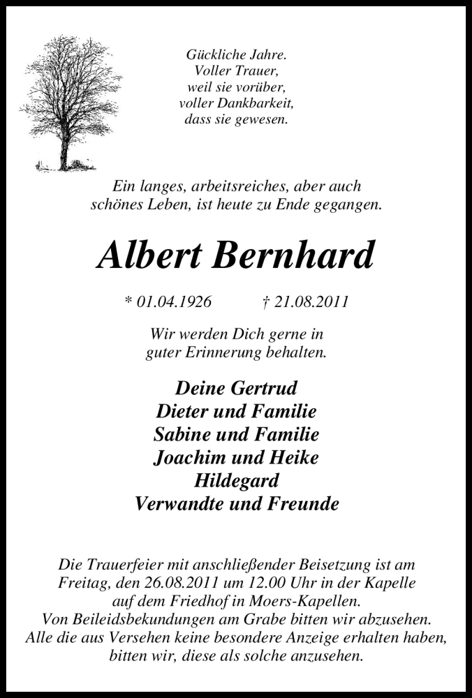 Traueranzeigen von Albert Bernhard | Trauer-in-NRW.de Traueranzeigen von Albert Bernhard | Trauer-in-NRW.de