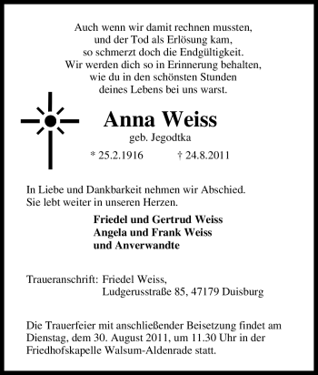 Traueranzeigen von Anna Weiss | Trauer-in-NRW.de