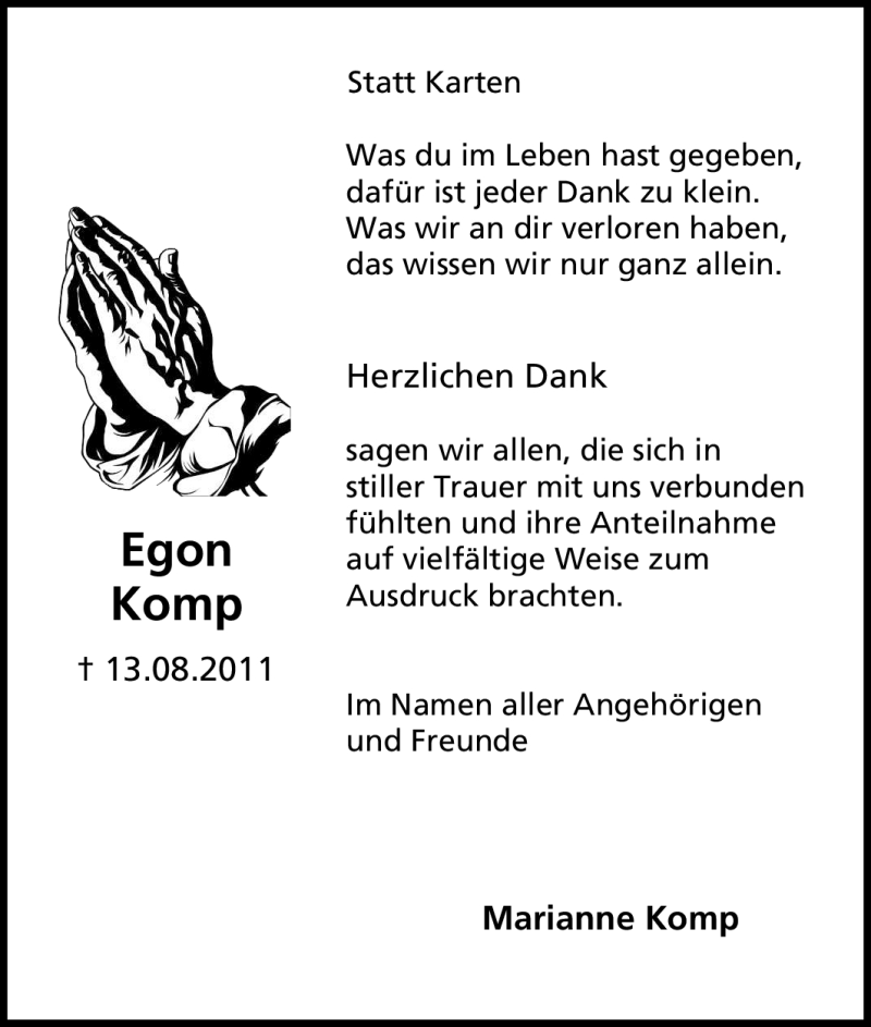 Traueranzeigen von Egon Komp | Trauer-in-NRW.de