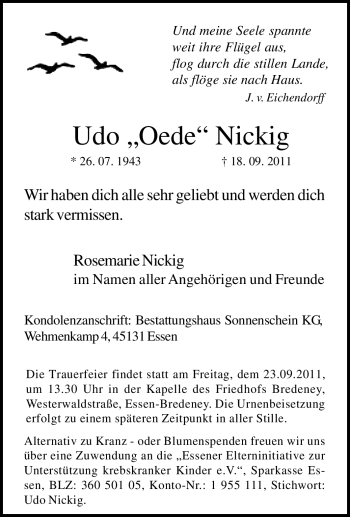 Traueranzeigen von Udo Nickig | Trauer-in-NRW.de