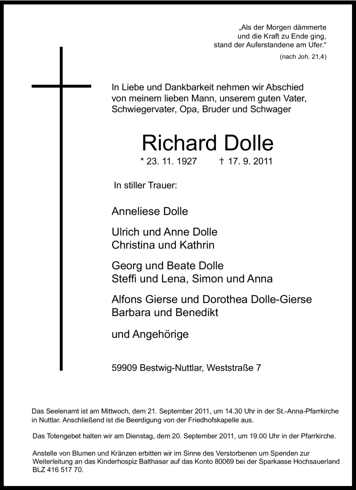 Traueranzeigen von Richard Dolle | Trauer-in-NRW.de