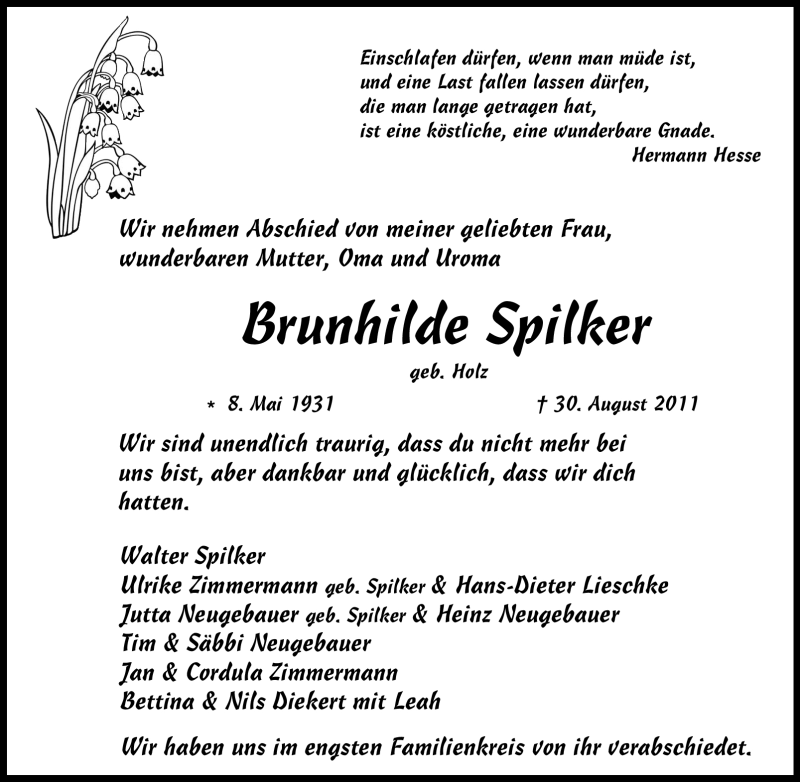 Traueranzeigen von Brunhilde Spilker | Trauer-in-NRW.de