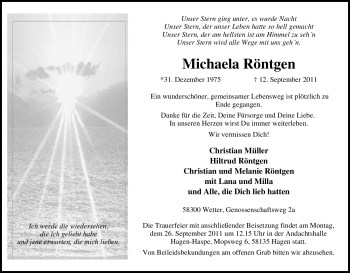 Traueranzeigen von Michaela Röntgen | Trauer-in-NRW.de