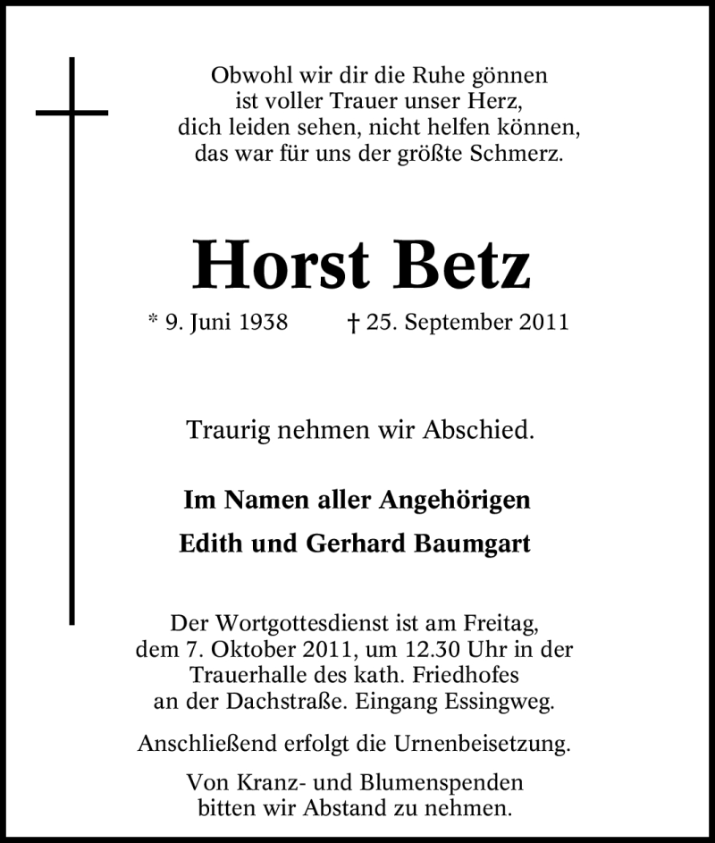 Traueranzeigen von Horst Betz | Trauer-in-NRW.de