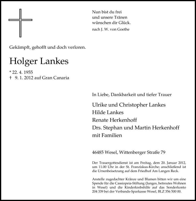Traueranzeigen von Holger Lankes | Trauer-in-NRW.de