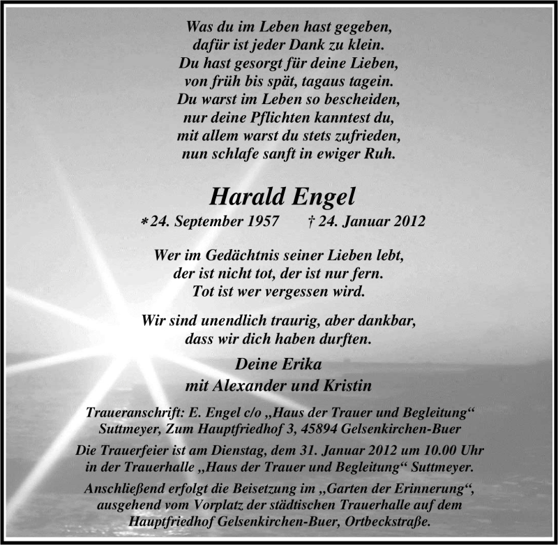 Traueranzeigen von Harald Engel | Trauer-in-NRW.de