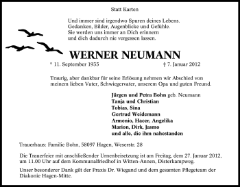 Traueranzeigen von Werner Neumann | Trauer-in-NRW.de