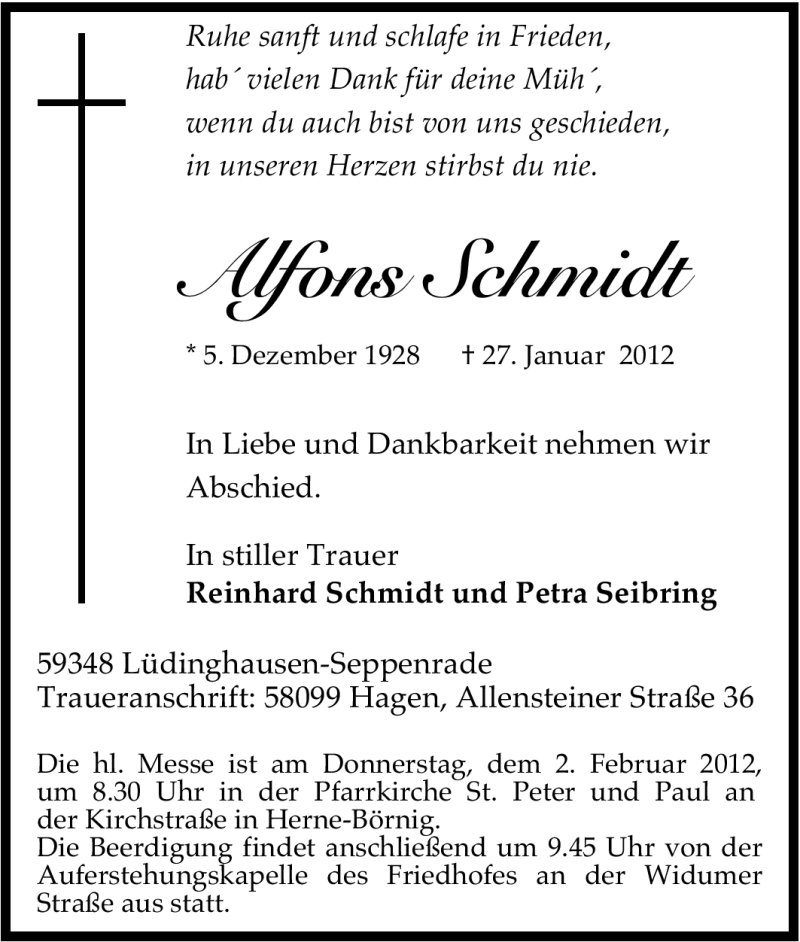 Traueranzeigen von Alfons Schmidt | Trauer-in-NRW.de