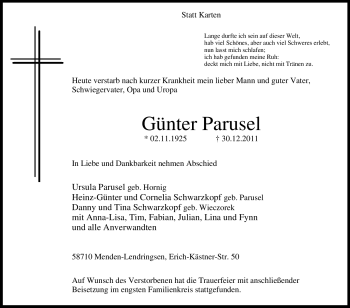 Traueranzeigen von Günter Parusel | Trauer-in-NRW.de