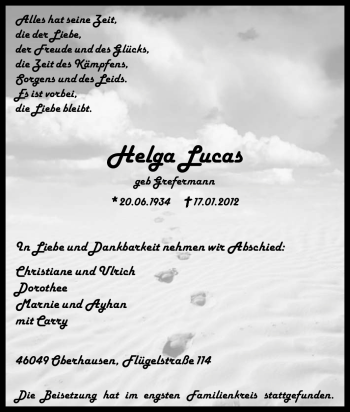 Traueranzeigen von Helga Lucas | Trauer-in-NRW.de