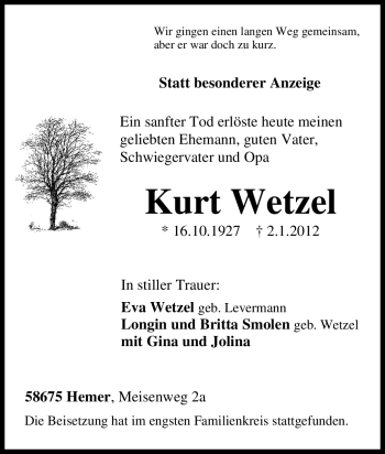 Traueranzeigen von Kurt Wetzel | Trauer-in-NRW.de