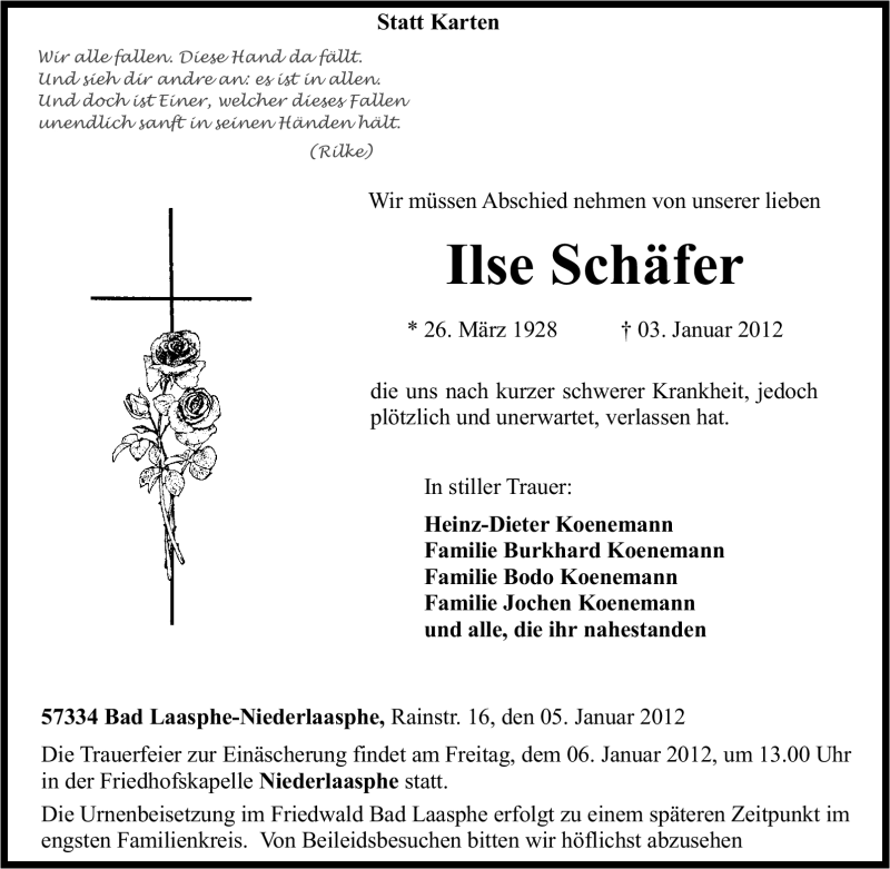 Traueranzeigen von Ilse Schäfer | Trauer-in-NRW.de