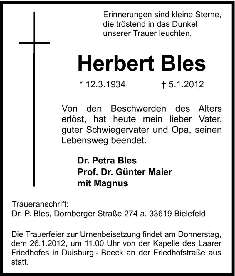 Traueranzeigen von Herbert Bles | Trauer-in-NRW.de