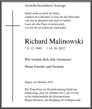 Traueranzeigen von Richard Malinowski | Trauer-in-NRW.de