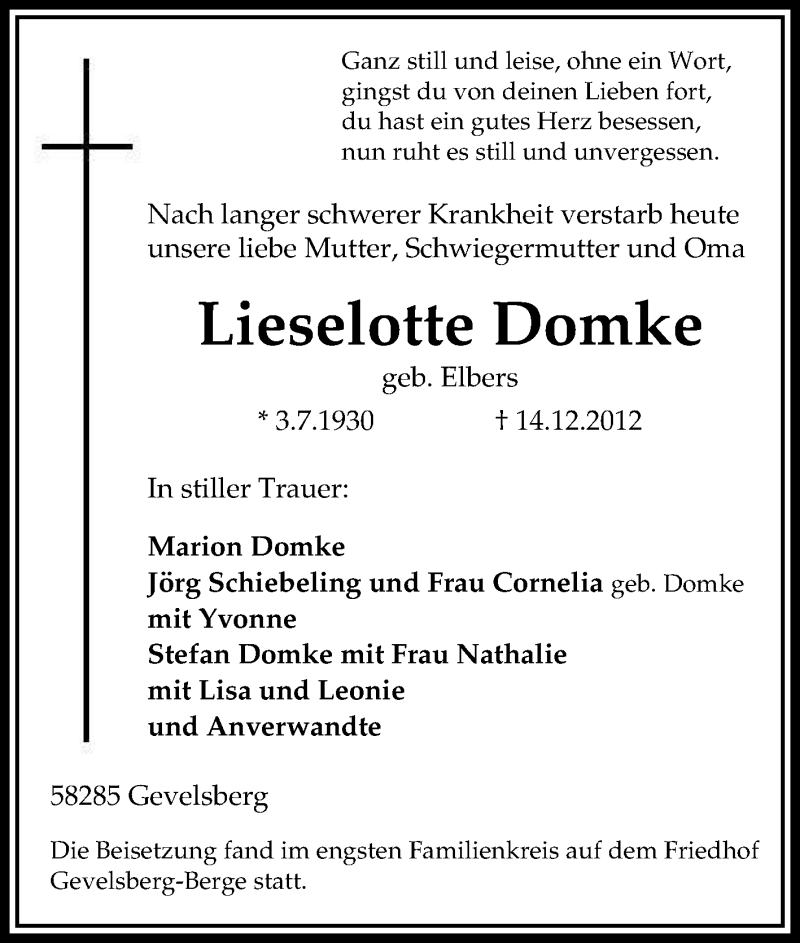 Traueranzeigen von Lieselotte Domke | Trauer-in-NRW.de