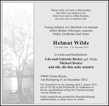 Traueranzeigen von Helmut Wilde | Trauer-in-NRW.de