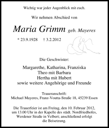 Traueranzeigen von Maria Grimm | Trauer-in-NRW.de