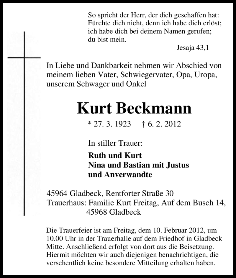Traueranzeigen von Kurt Beckmann | Trauer-in-NRW.de