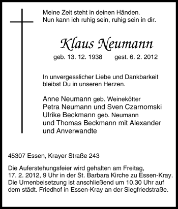 Traueranzeigen von Klaus Neumann | Trauer-in-NRW.de