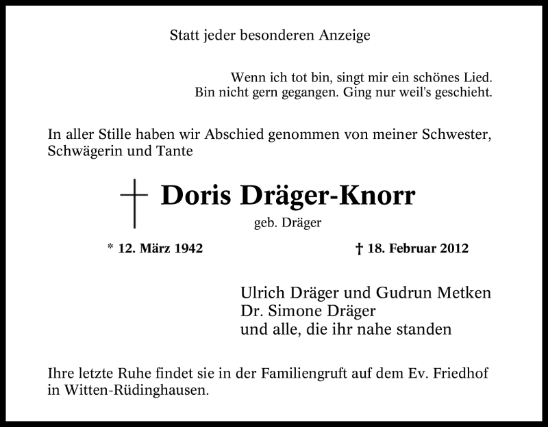 Traueranzeigen von Doris Dräger-Knorr | Trauer-in-NRW.de