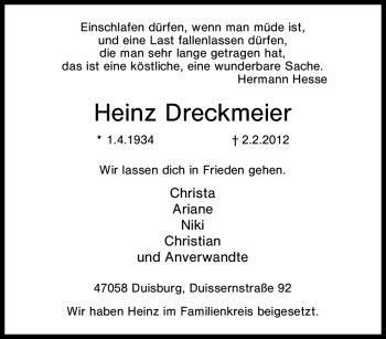 Traueranzeigen von Heinz Dreckmeier | Trauer-in-NRW.de