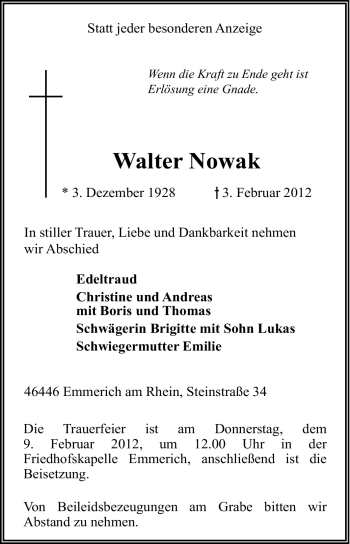 Traueranzeigen von Walter Nowak | Trauer-in-NRW.de