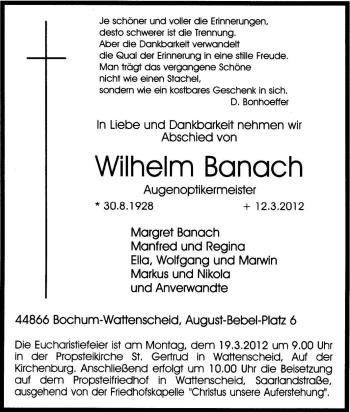 Traueranzeigen von Wilhelm Banach | Trauer-in-NRW.de