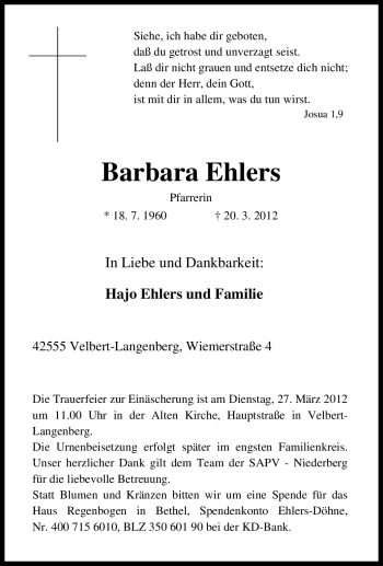 Traueranzeigen von Barbara Ehlers | Trauer-in-NRW.de