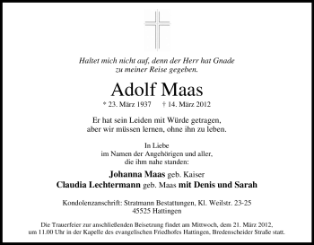 Traueranzeigen von Adolf Maas | Trauer-in-NRW.de