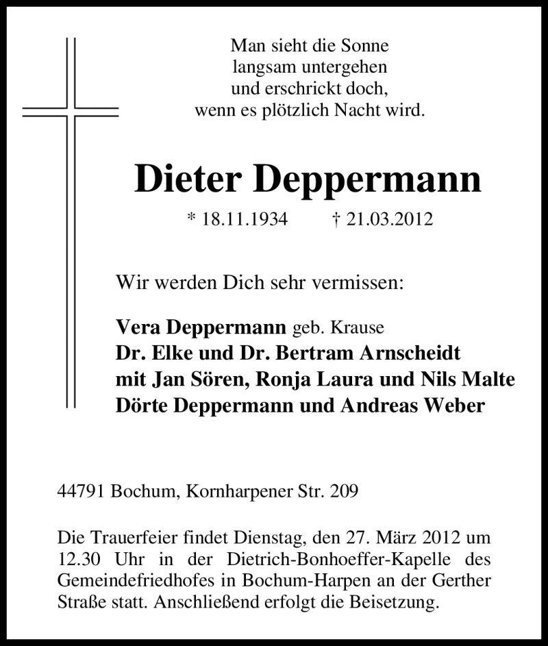 Traueranzeigen von Dieter Deppermann | Trauer-in-NRW.de