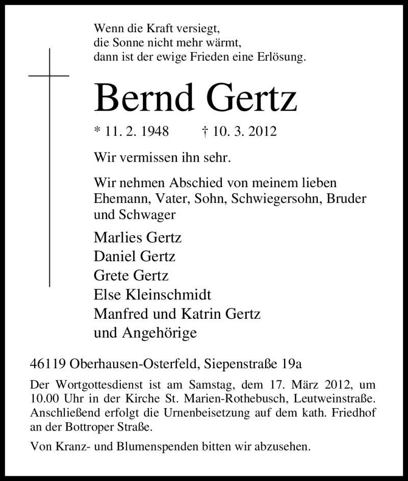 Traueranzeigen von Bernd Gertz | Trauer-in-NRW.de