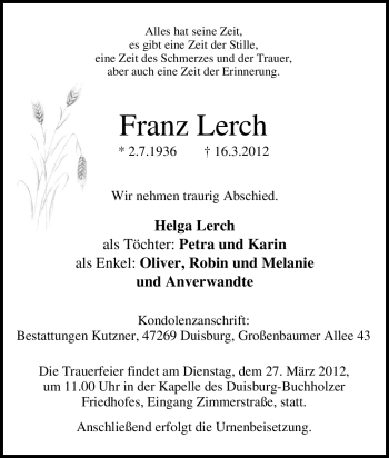 Traueranzeigen von Franz Lerch | Trauer-in-NRW.de
