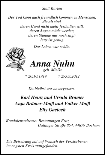 Traueranzeigen von Anna Nuhn | Trauer-in-NRW.de