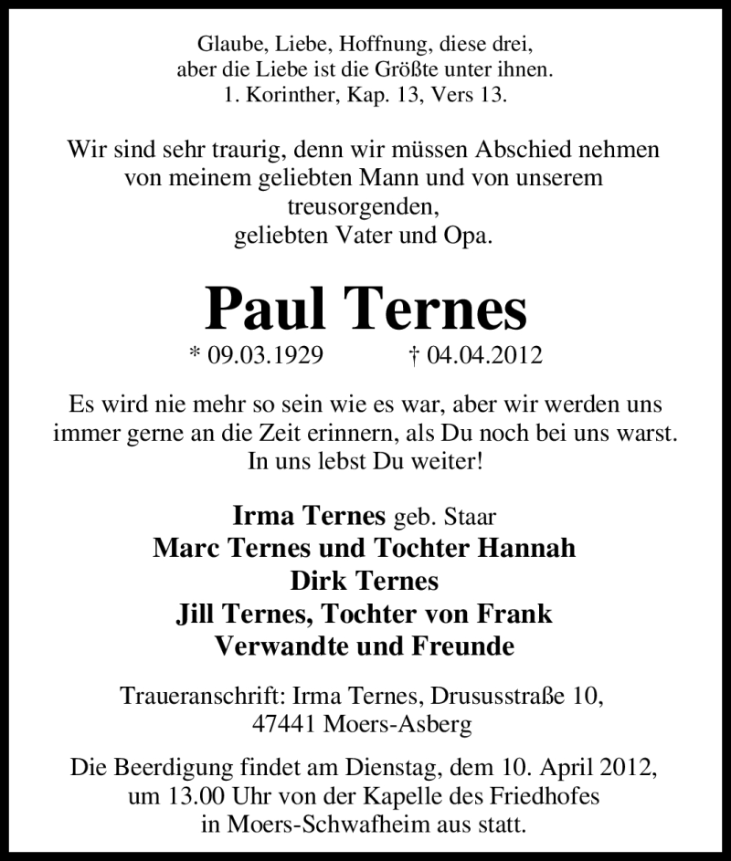 Traueranzeigen von Paul Ternes | Trauer-in-NRW.de