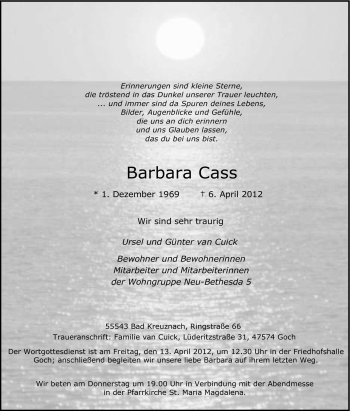 Traueranzeigen von Barbara Cass | Trauer-in-NRW.de