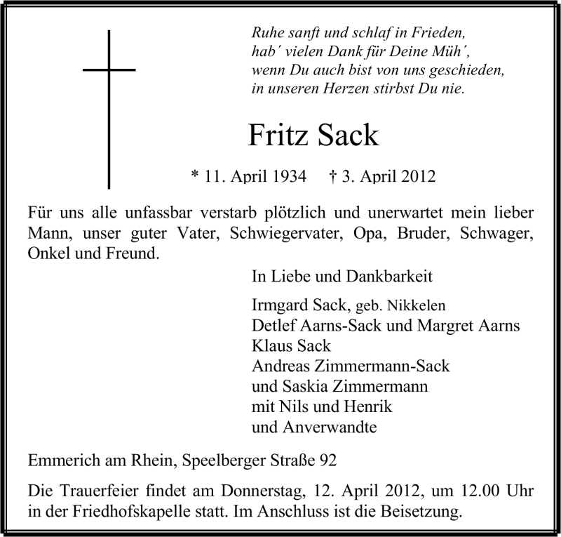 Traueranzeigen von Fritz Sack | Trauer-in-NRW.de