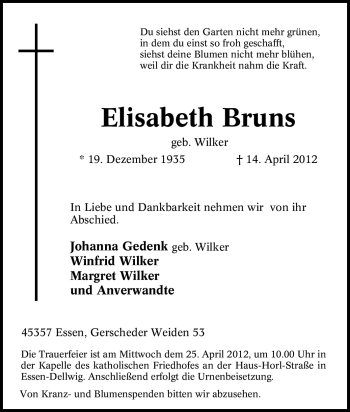 Traueranzeigen von Elisabeth Bruns | Trauer-in-NRW.de