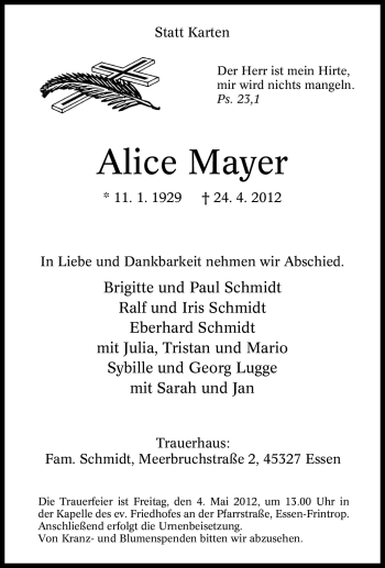 Traueranzeigen von Alice Mayer | Trauer-in-NRW.de