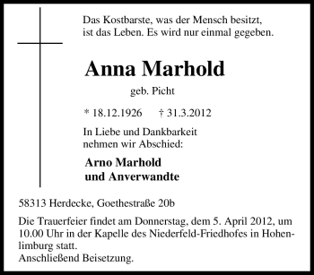 Traueranzeigen von Anna Marhold | Trauer-in-NRW.de