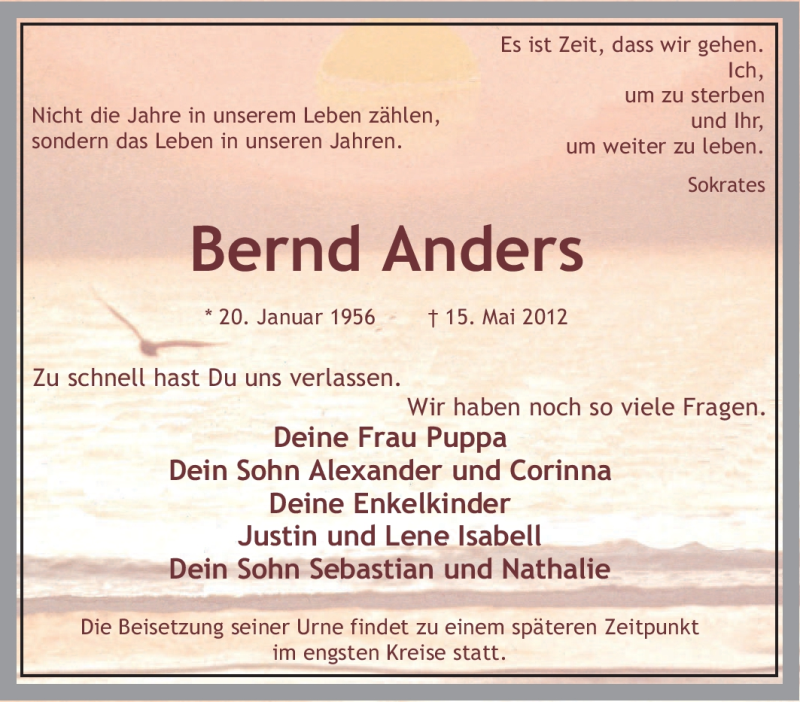 Traueranzeigen von Bernd Anders | Trauer-in-NRW.de