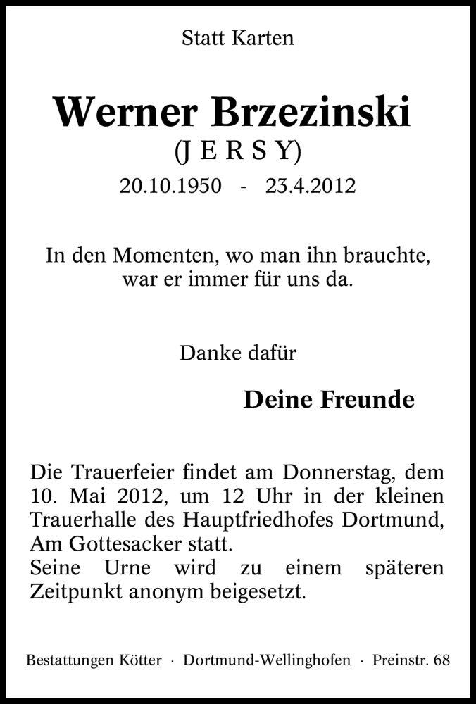 Traueranzeigen von Werner Brzezinski | Trauer-in-NRW.de